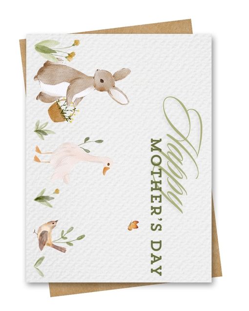 A Mother's day card displaying adorable watercolour spring animals ...